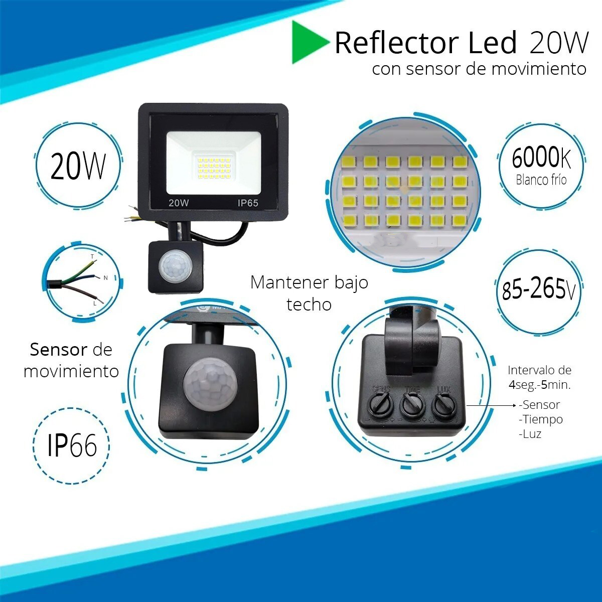 Reflector LED 20W Sensor Movimiento 220 Exterior IP66 Blanco | Dps Digital
