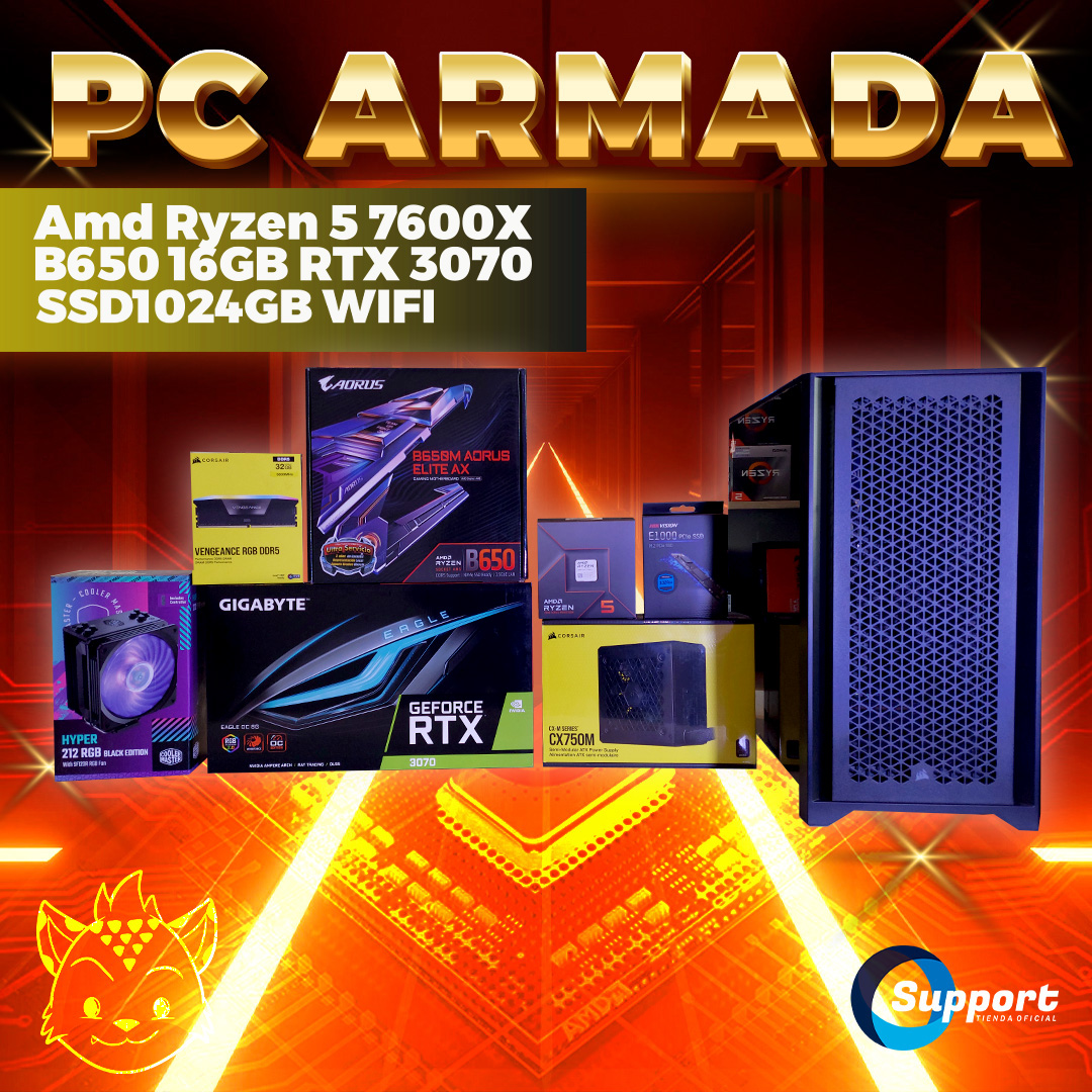 Pc Gamer Armada Amd Ryzen 5 7600X B650 16GB RTX 3070 SSD1024GB WiFi ...